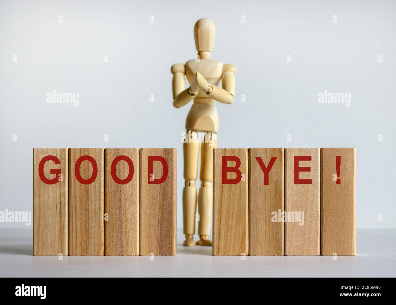 Wooden blocks with words 'good bye'. Wooden model of human Stock Photo ...
