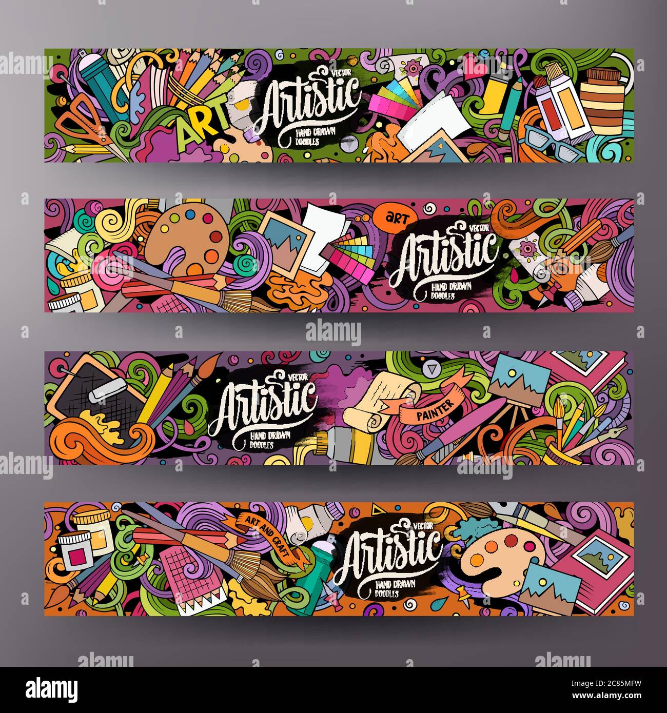 Cartoon cute colorful vector hand drawn doodles Artist banners design ...
