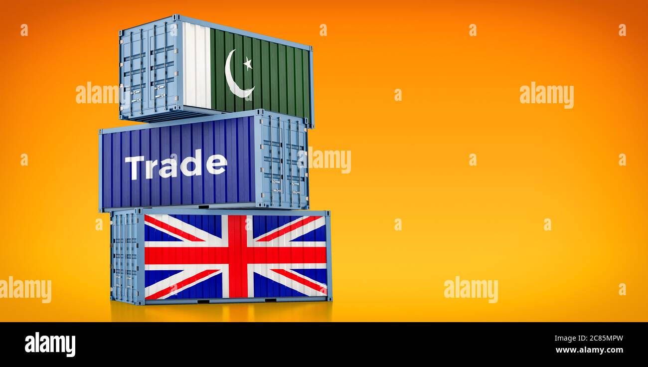 Freight containers with Pakistan and United Kingdom flag. 3D Rendering ...