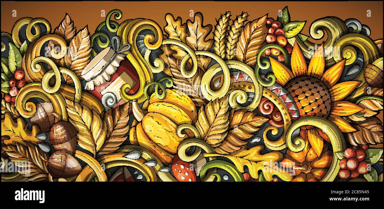 Cartoon cute colorful hand drawn doodles Fall season banner Stock ...