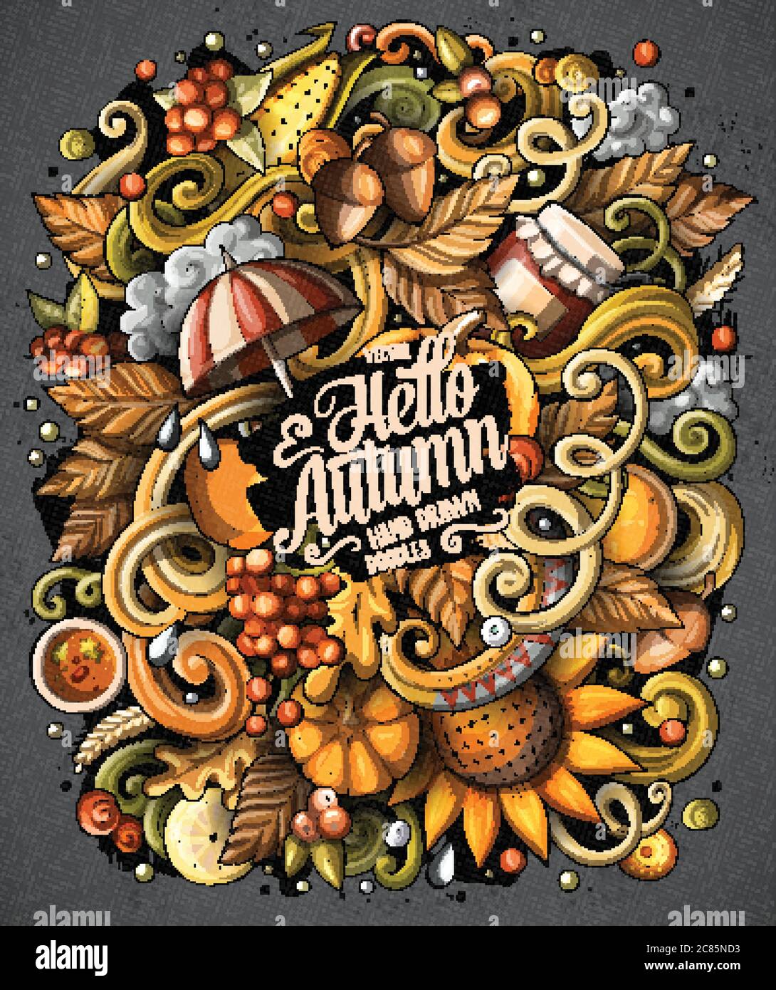 Cartoon cute doodles hand drawn Autumn illustration. All items are ...