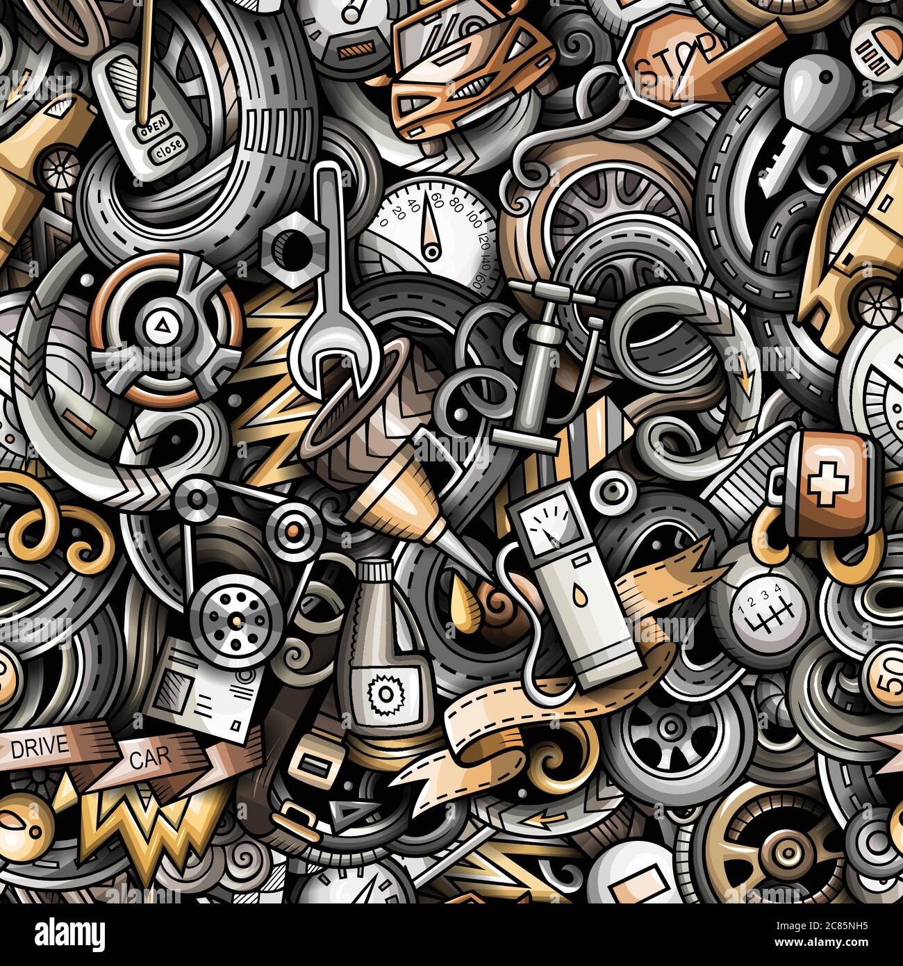 Cartoon cute doodles Automotive seamless pattern Stock Vector Image ...
