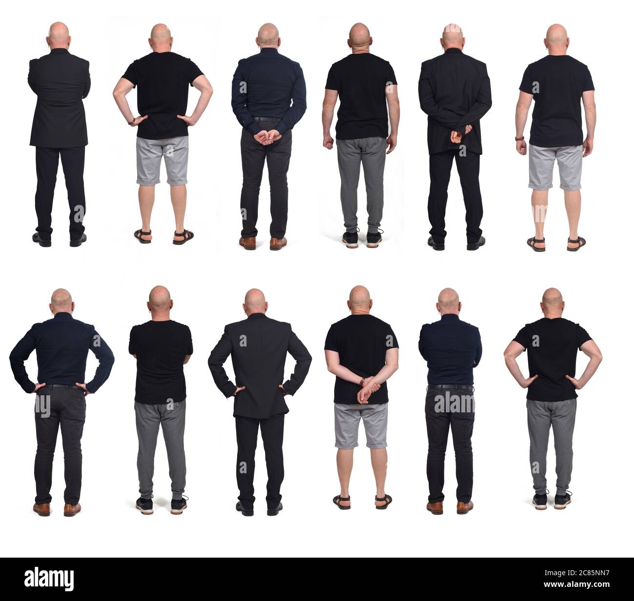 rear view of the same man in different outfits, on white background ...