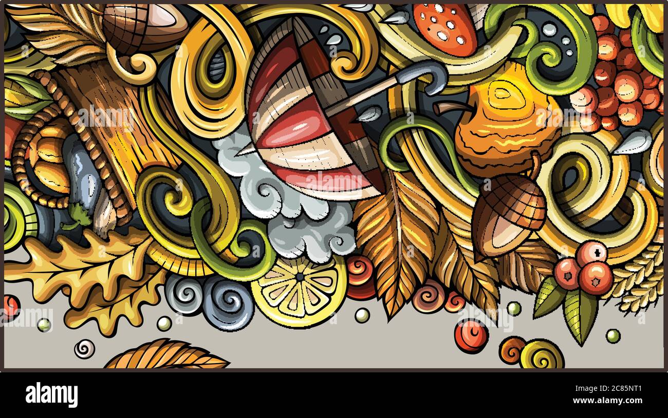 Cartoon cute colorful hand drawn doodles Fall season banner Stock ...