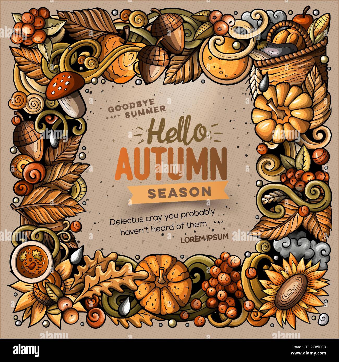 Cartoon cute doodles hand drawn Autumn frame design. All items are ...