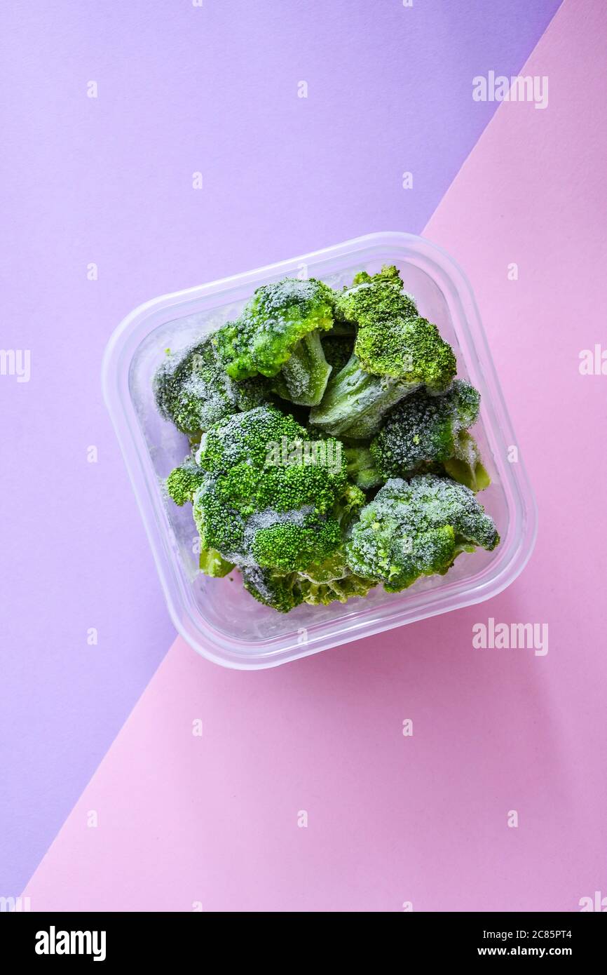 Broccoli in a plastic container for long-term storage. Deep freezing of ...