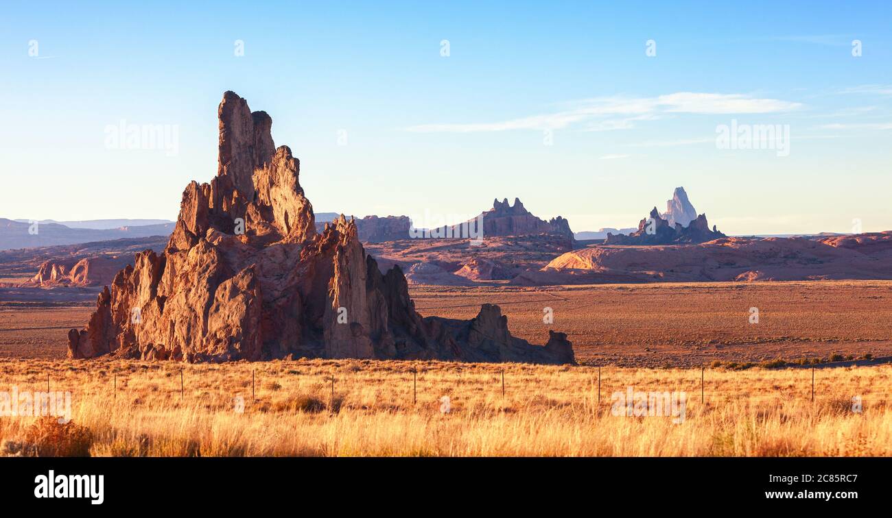 Church Rock in the rays of the setting sun, Navajo County, near Kayenta ...