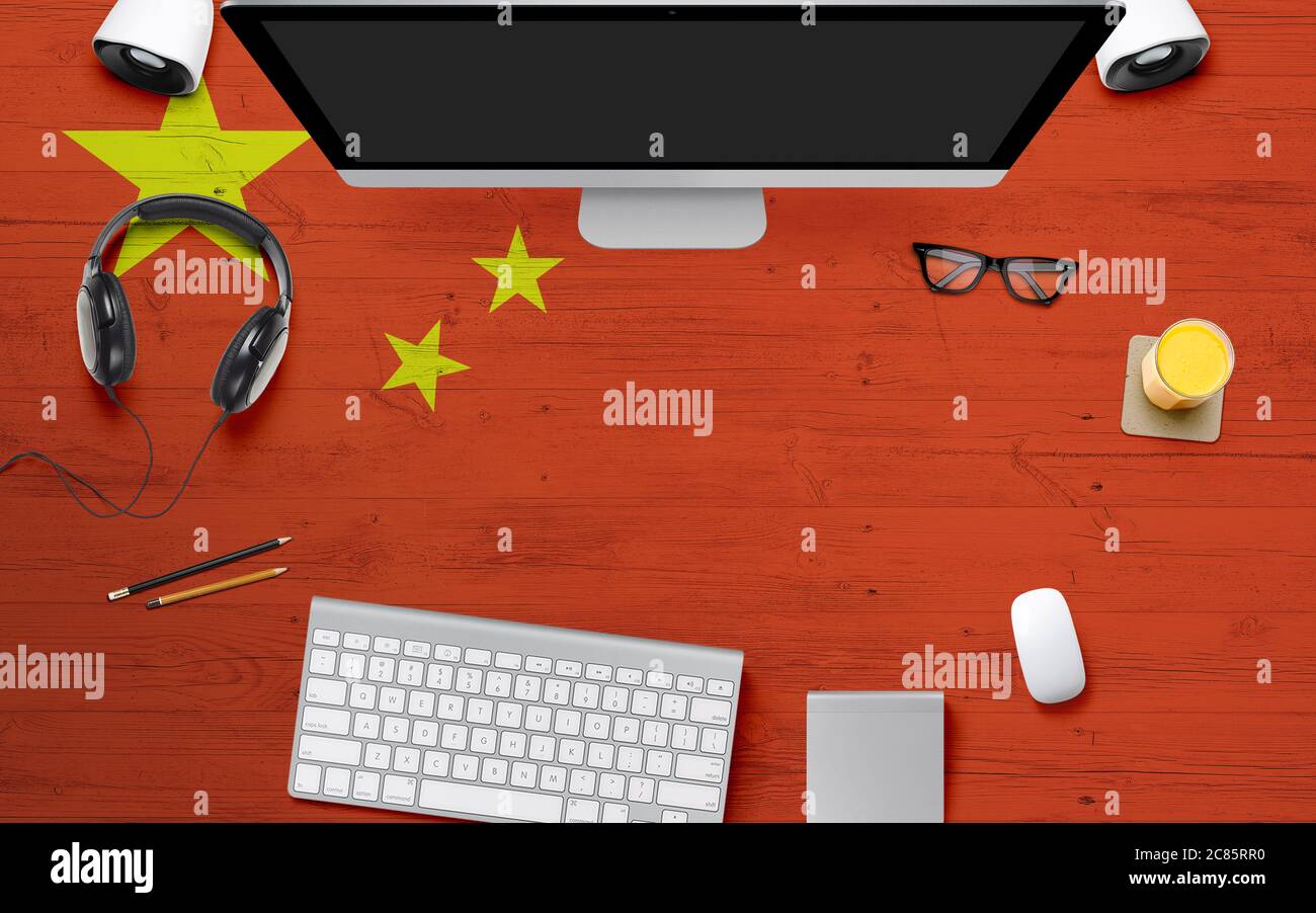 China flag background with headphone,computer keyboard and mouse on ...