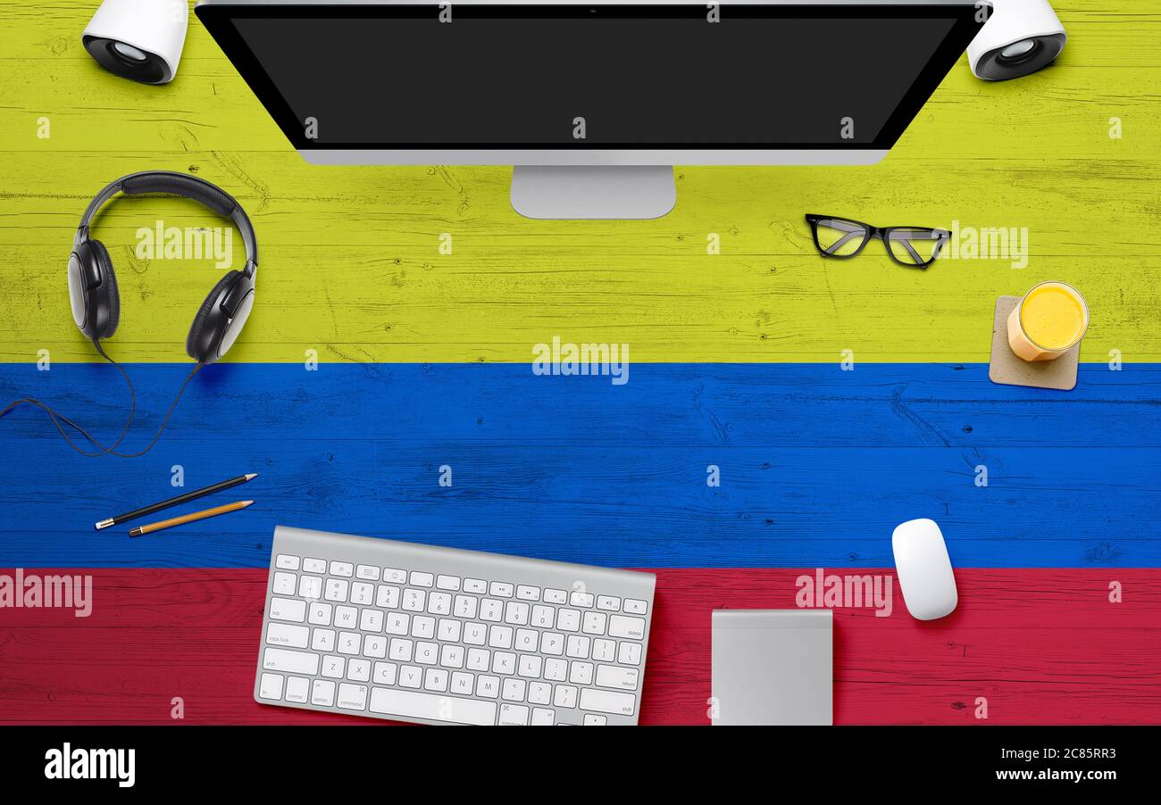 Colombia flag background with headphone,computer keyboard and mouse on ...