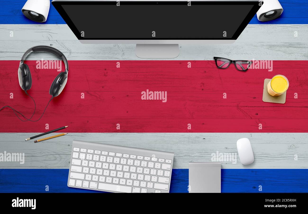 Costa Rica flag background with headphone,computer keyboard and mouse ...
