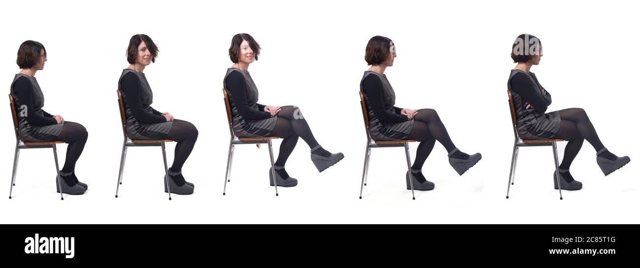 the same woman sitting in various ways ,side view, on white background ...
