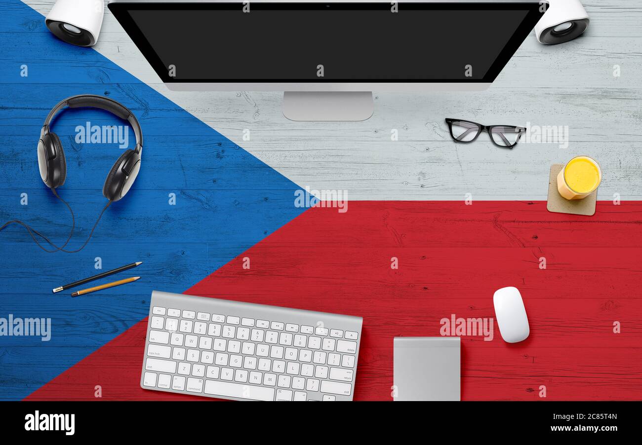 Czech Republic flag background with headphone,computer keyboard and ...