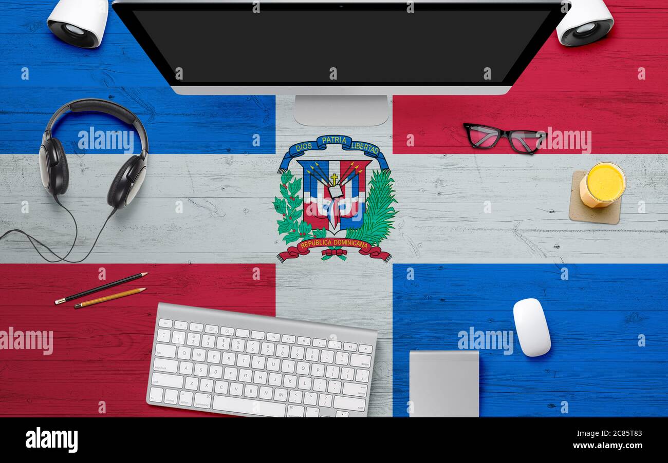 Dominican Republic flag background with headphone,computer keyboard and ...