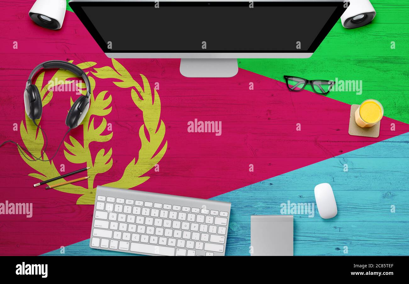 Eritrea flag background with headphone,computer keyboard and mouse on ...