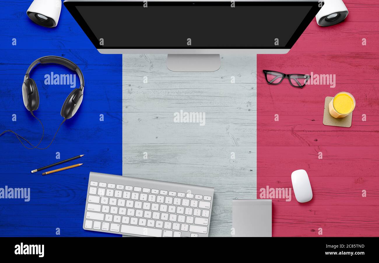 France flag background with headphone,computer keyboard and mouse on ...