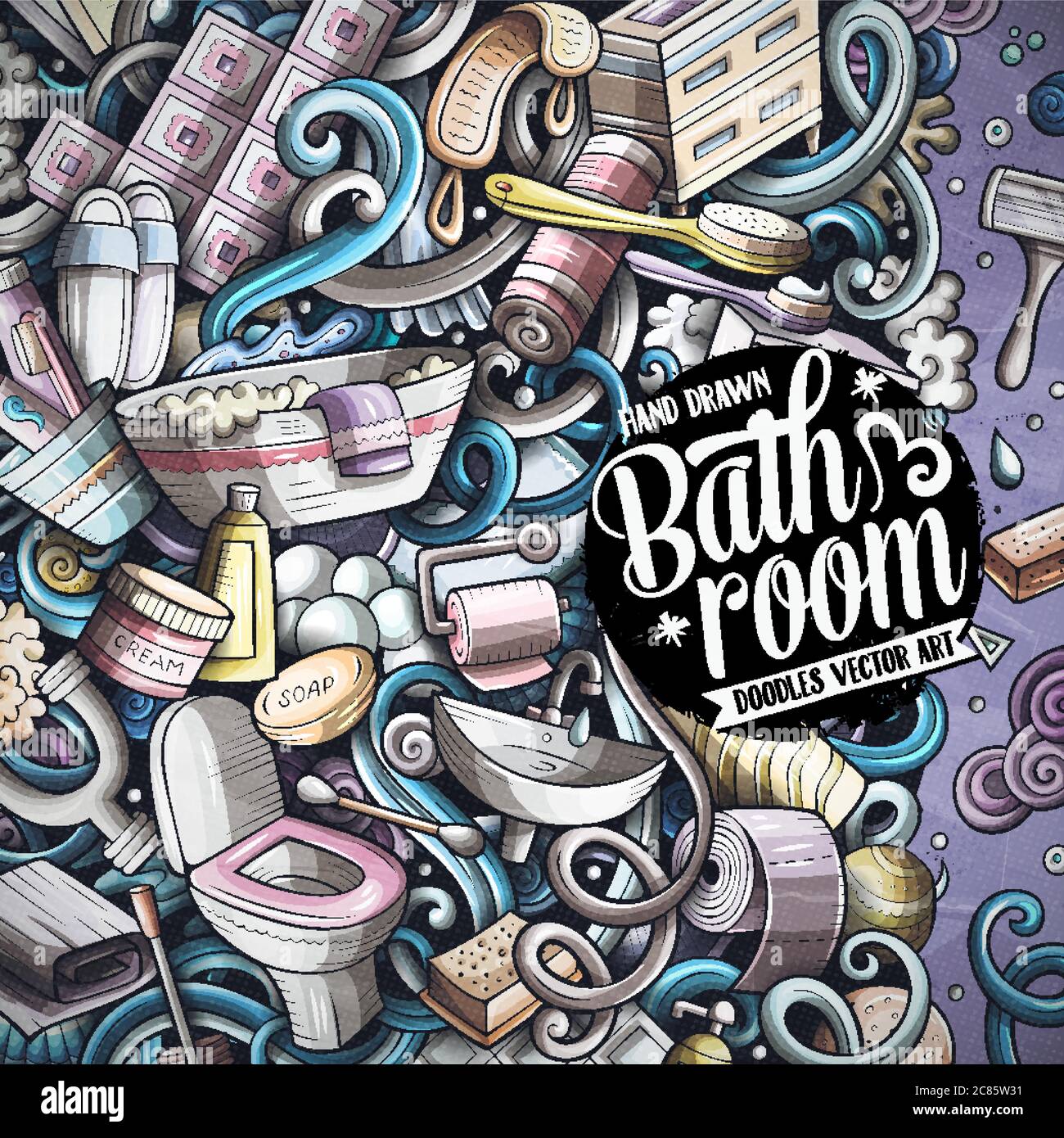 Bathroom hand drawn vector doodles illustration. Bath room frame card ...