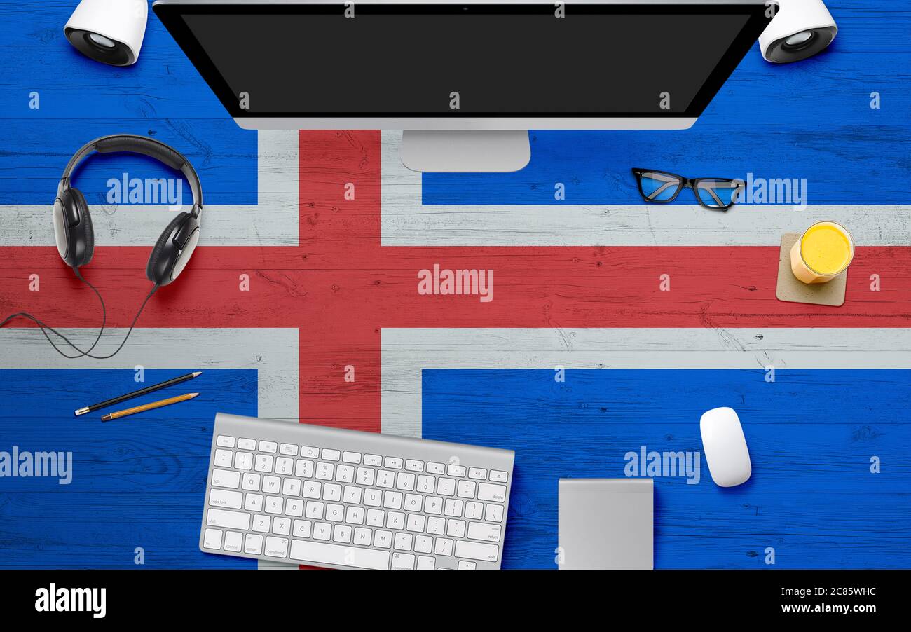 Iceland flag background with headphone,computer keyboard and mouse on ...