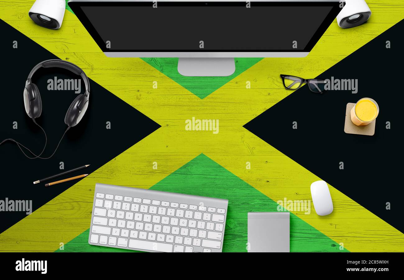 Jamaica flag background with headphone,computer keyboard and mouse on ...