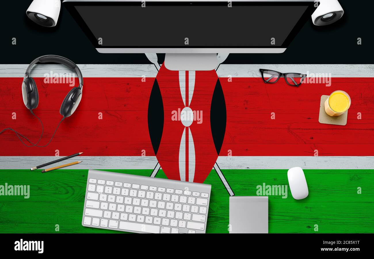 Kenya flag background with headphone,computer keyboard and mouse on ...