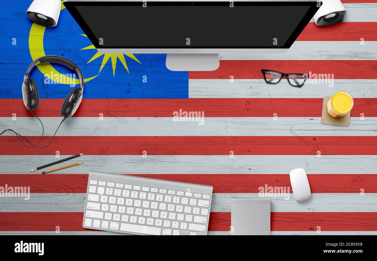 Malaysia flag background with headphone,computer keyboard and mouse on ...