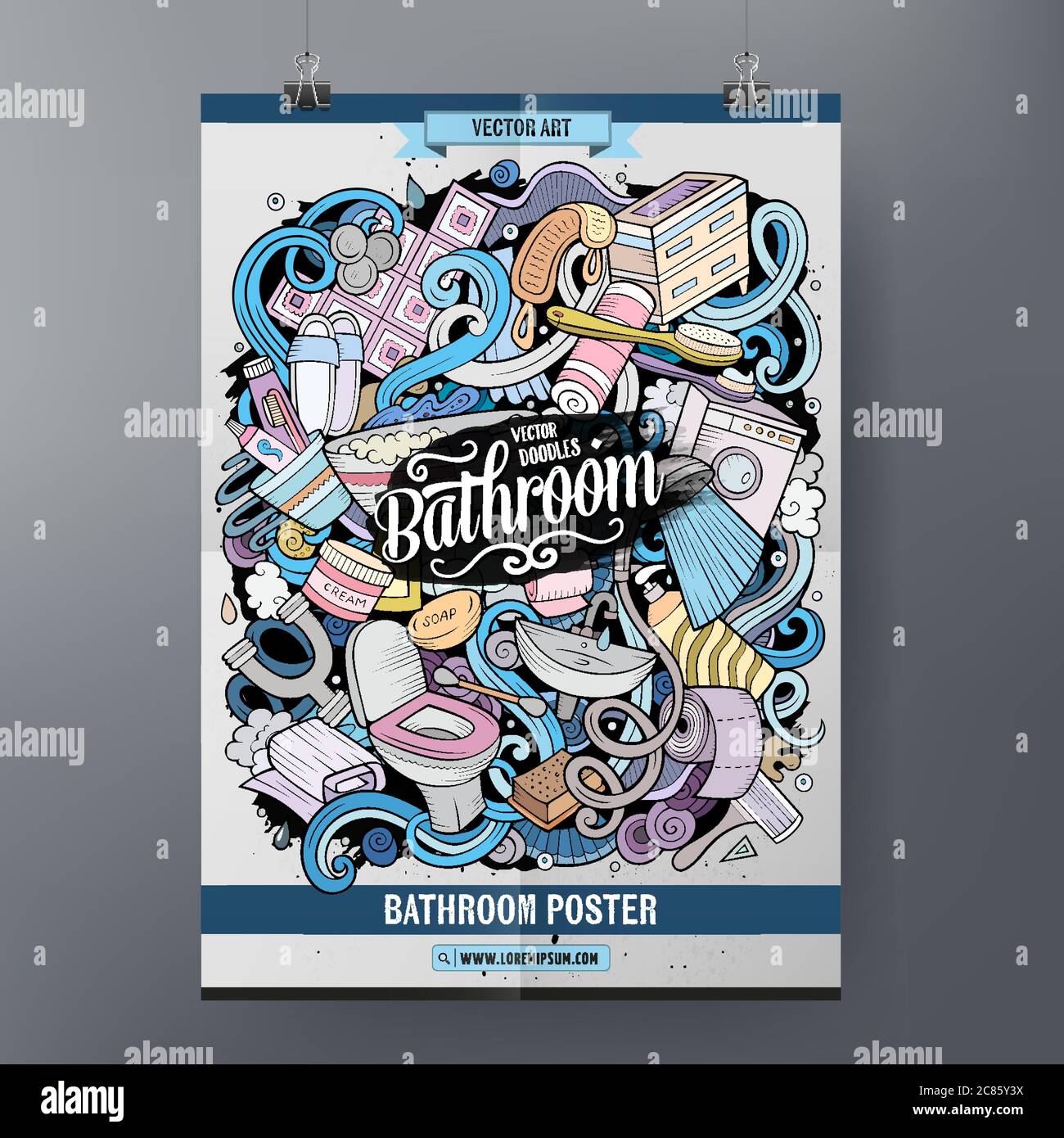 Bathroom hand drawn doodles illustration. Bath objects cartoon poster ...