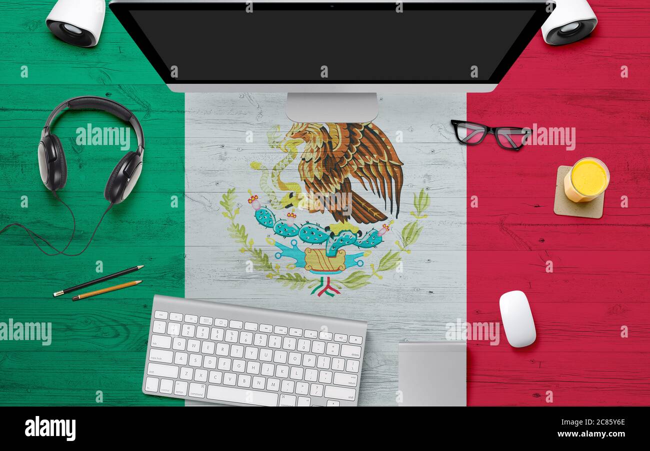 Mexico flag background with headphone,computer keyboard and mouse on ...