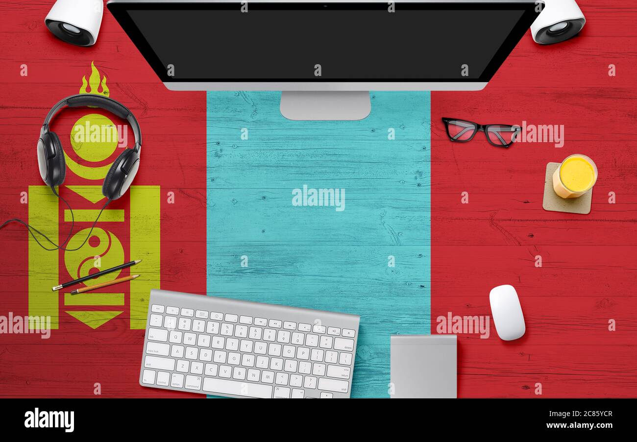 Mongolia flag background with headphone,computer keyboard and mouse on ...