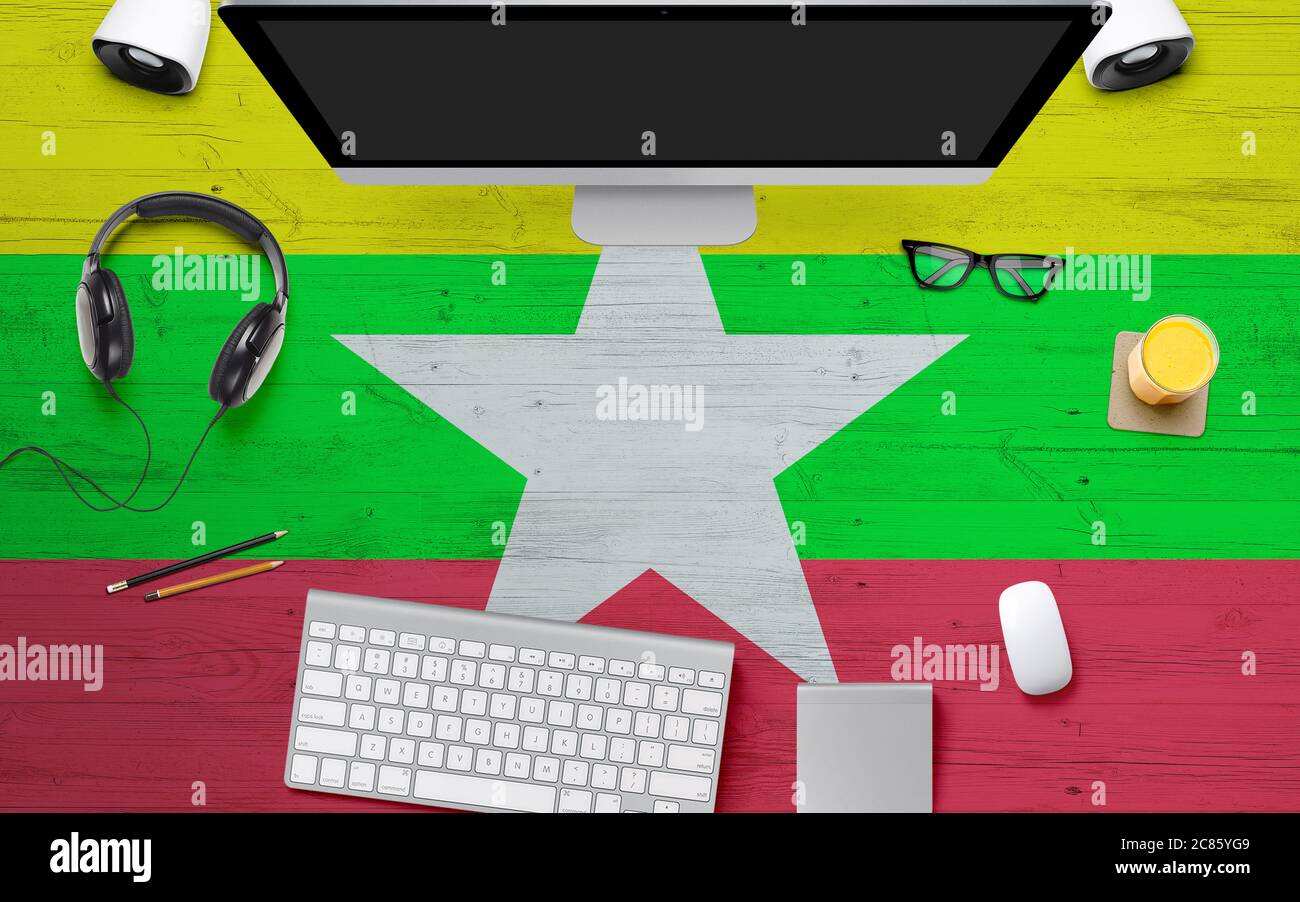 Myanmar flag background with headphone,computer keyboard and mouse on ...