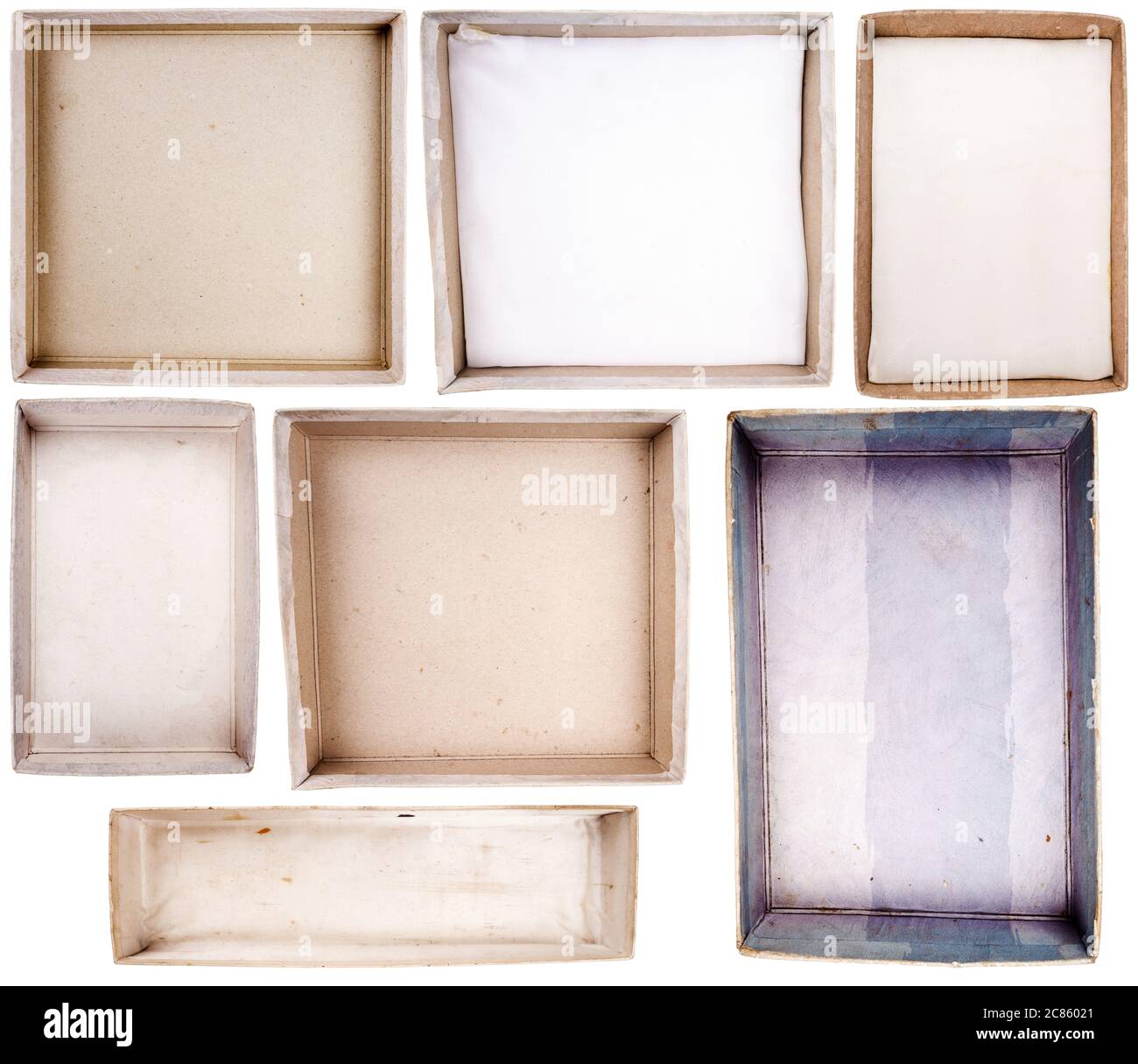 Collection of images with old carton boxes isolated on white background ...