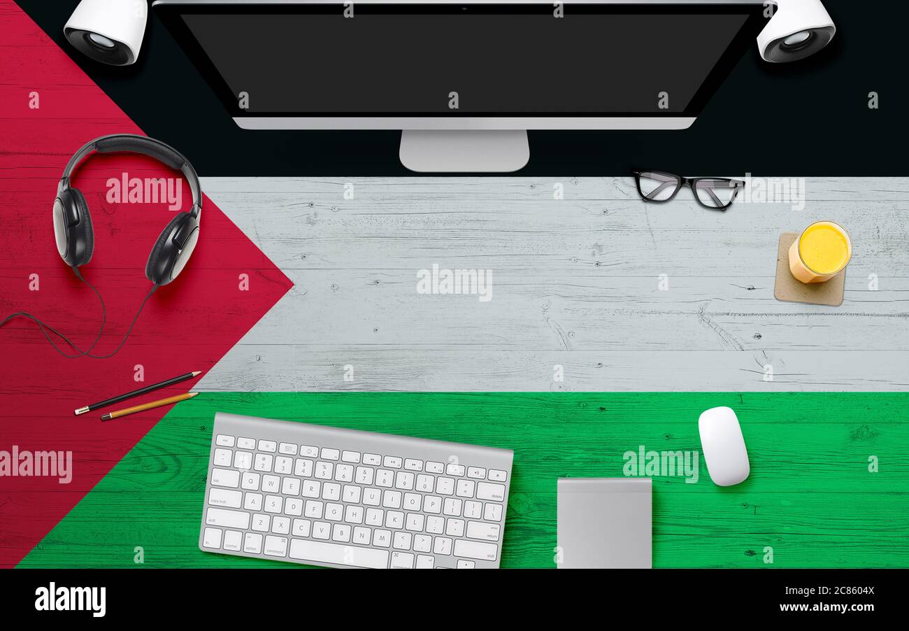 Palestine flag background with headphone,computer keyboard and mouse on ...