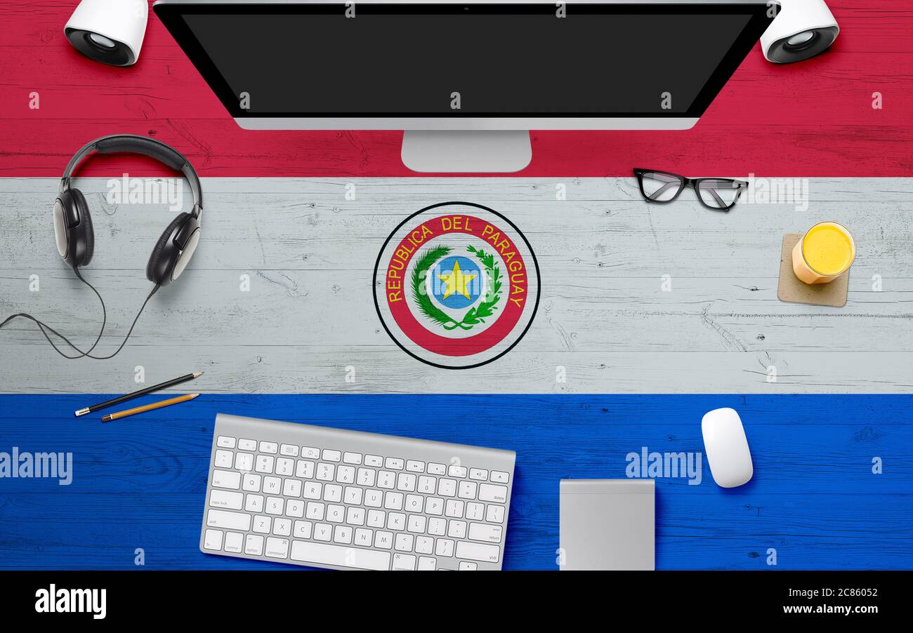 Paraguay flag background with headphone,computer keyboard and mouse on ...