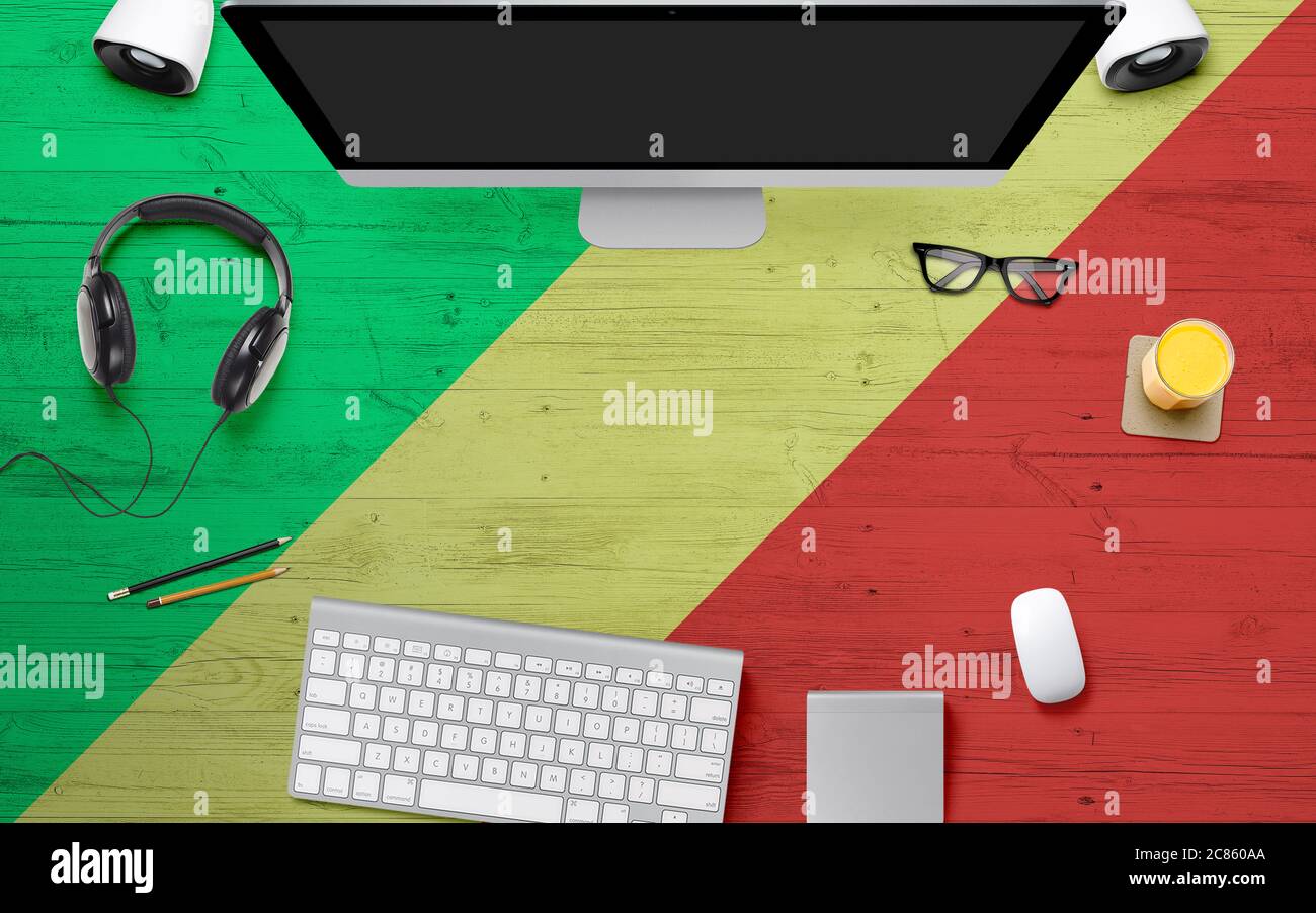 Republic Of The Congo flag background with headphone,computer keyboard ...
