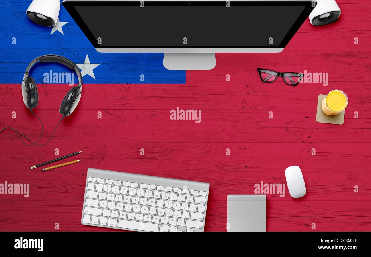 Samoa flag background with headphone,computer keyboard and mouse on ...