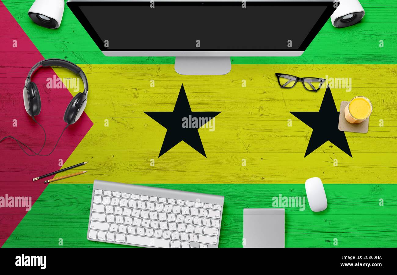 Sao Tome And Principe flag background with headphone,computer keyboard ...