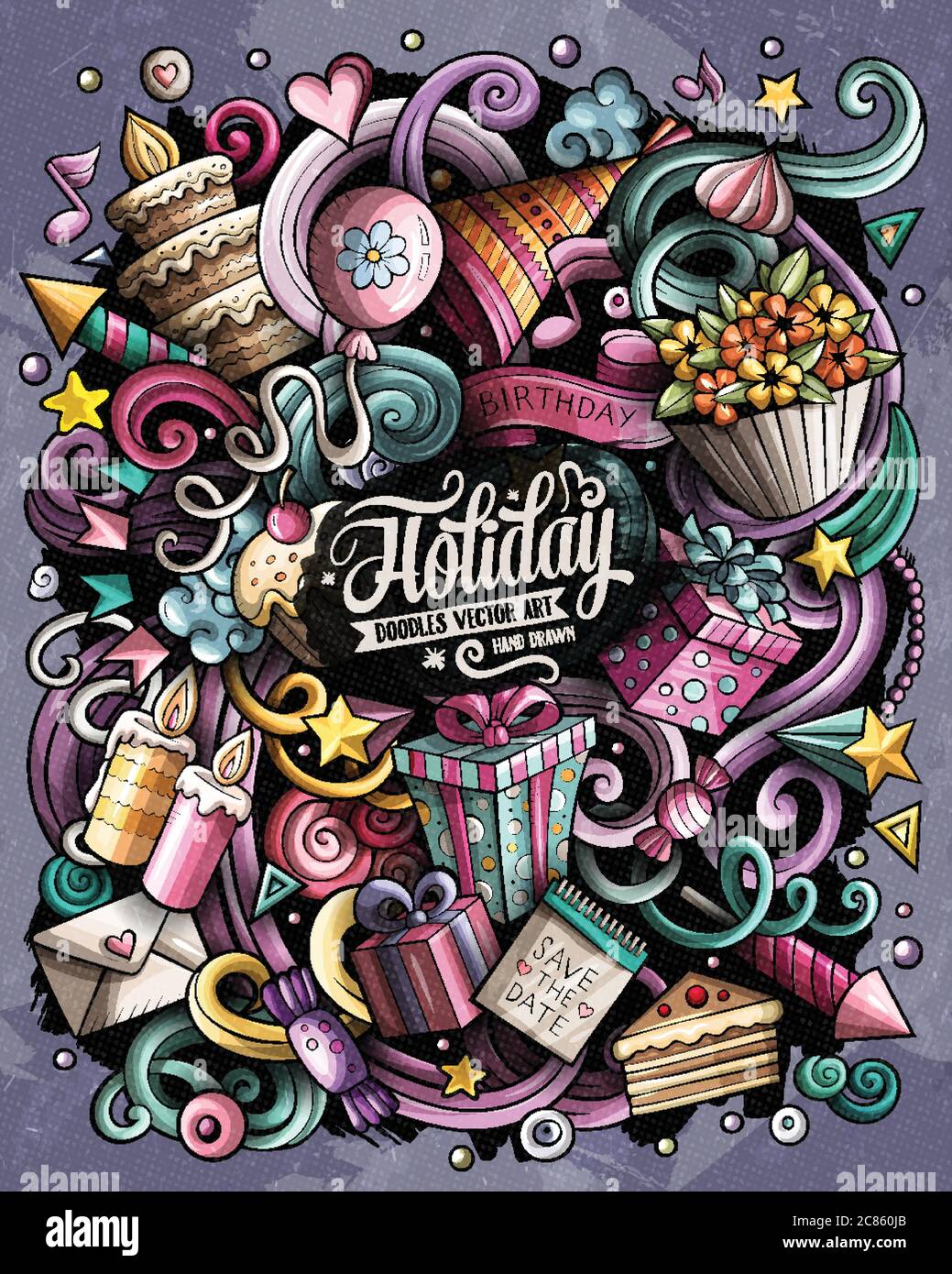 Holiday hand drawn vector doodles illustration. Birthday poster design ...
