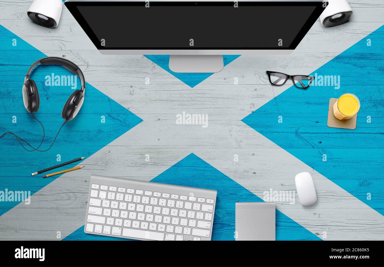 Scotland flag background with headphone,computer keyboard and mouse on ...