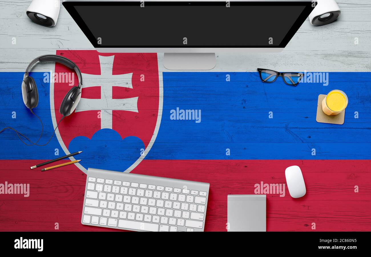 Slovakia flag background with headphone,computer keyboard and mouse on ...