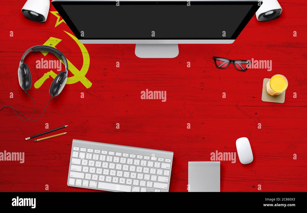 Soviet Union flag background with headphone,computer keyboard and mouse ...