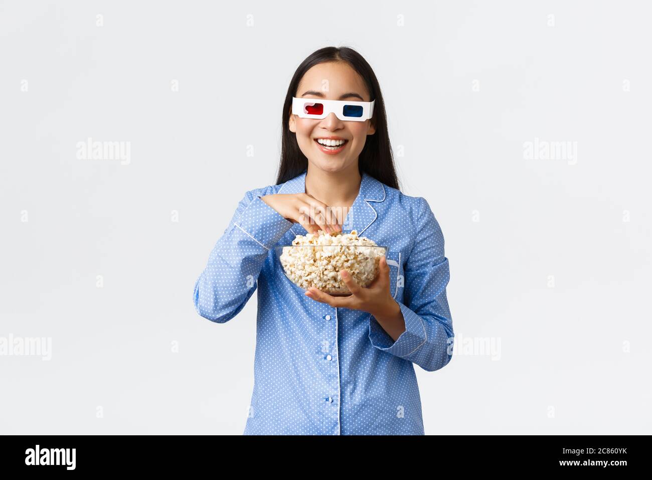 Home leisure, sleepover and slumber party concept. Smiling pleased ...