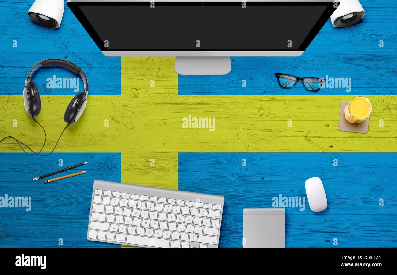 Sweden flag background with headphone,computer keyboard and mouse on ...