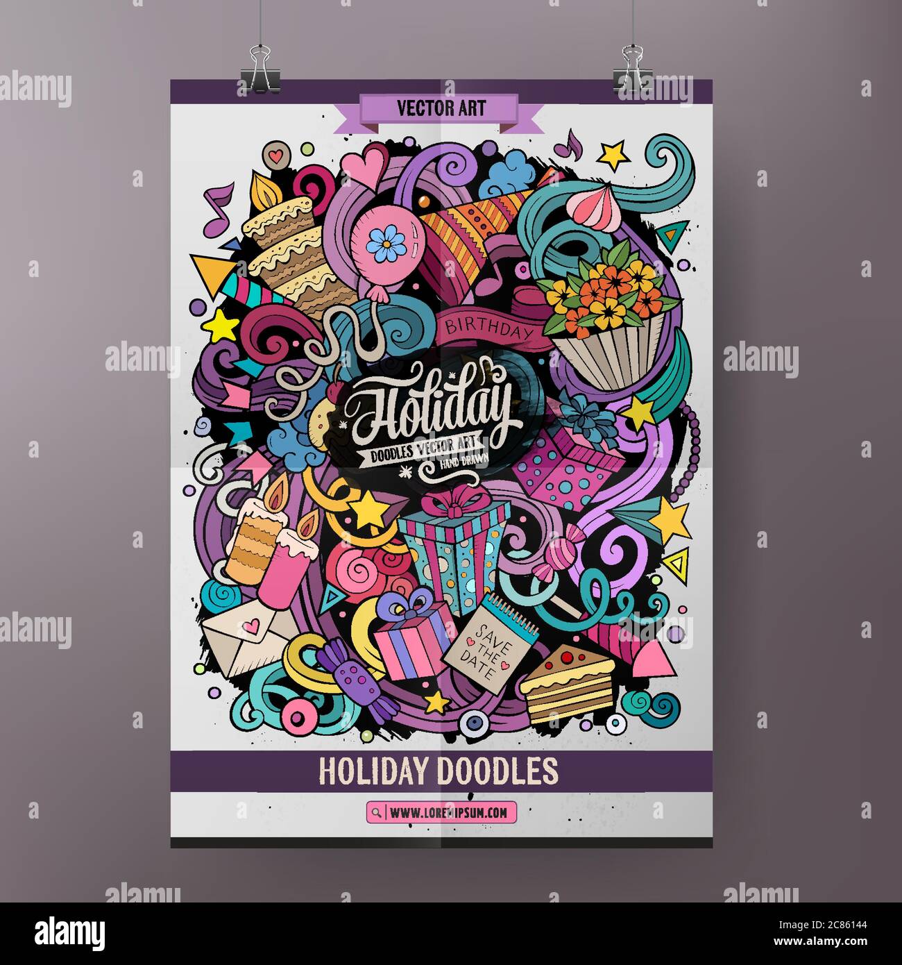 Cartoon colorful hand drawn doodles Holiday poster template Stock ...