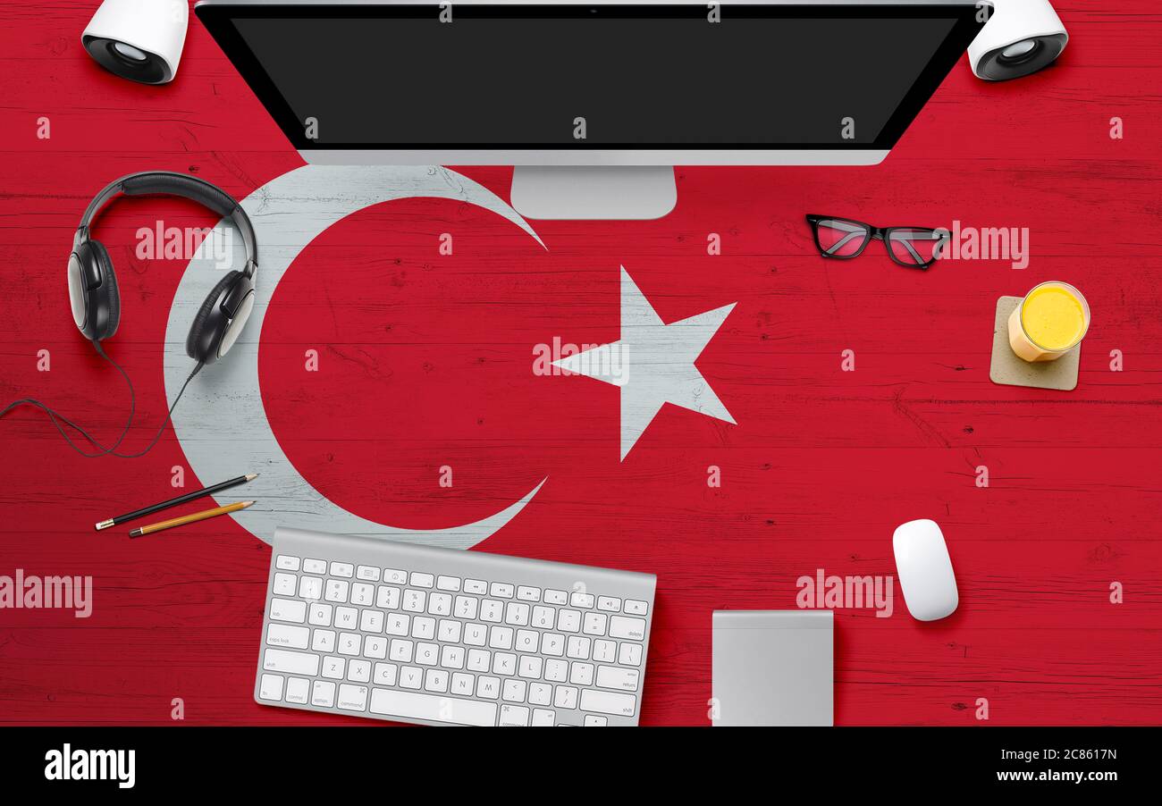 Turkey flag background with headphone,computer keyboard and mouse on ...
