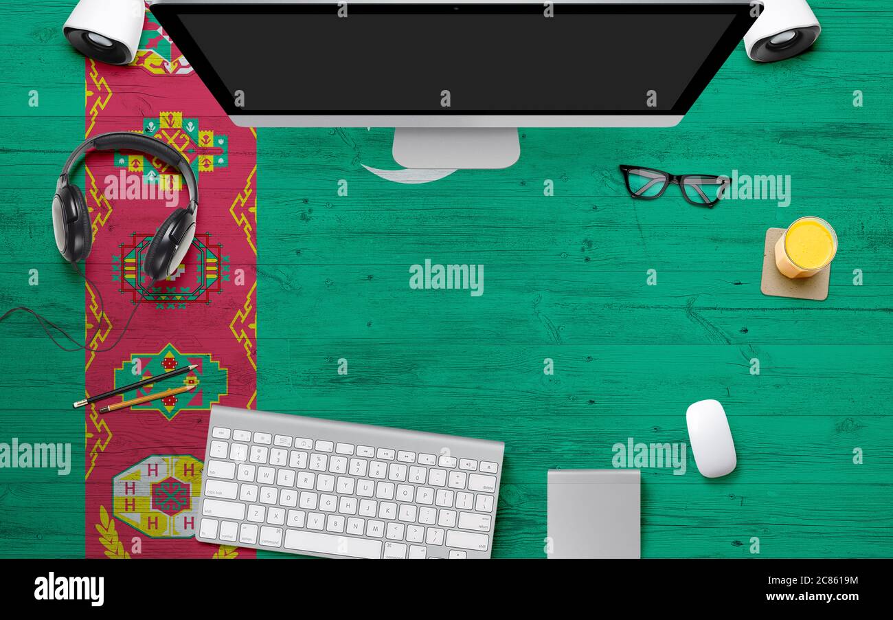 Turkmenistan flag background with headphone,computer keyboard and mouse ...