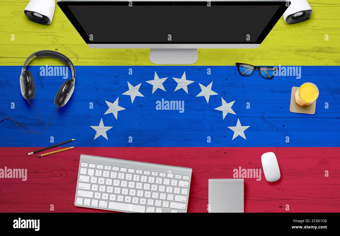 Venezuela flag background with headphone,computer keyboard and mouse on ...