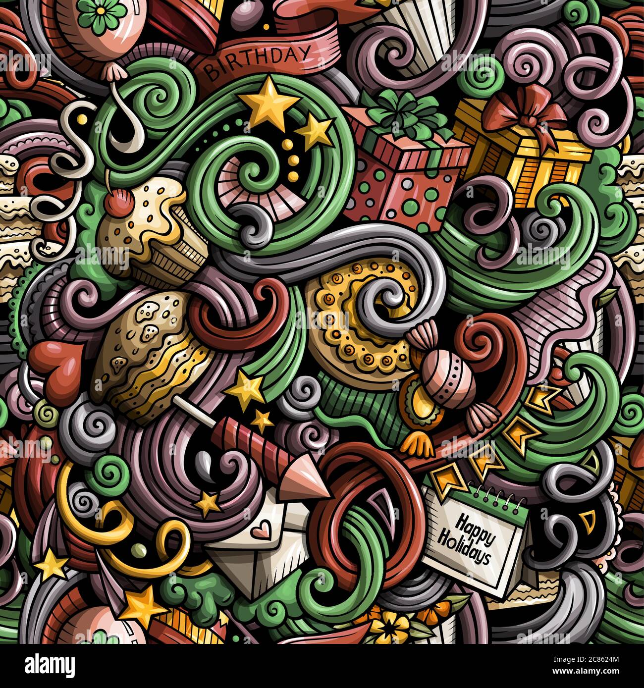 Cartoon cute doodles hand drawn Holidays seamless pattern Stock Vector ...