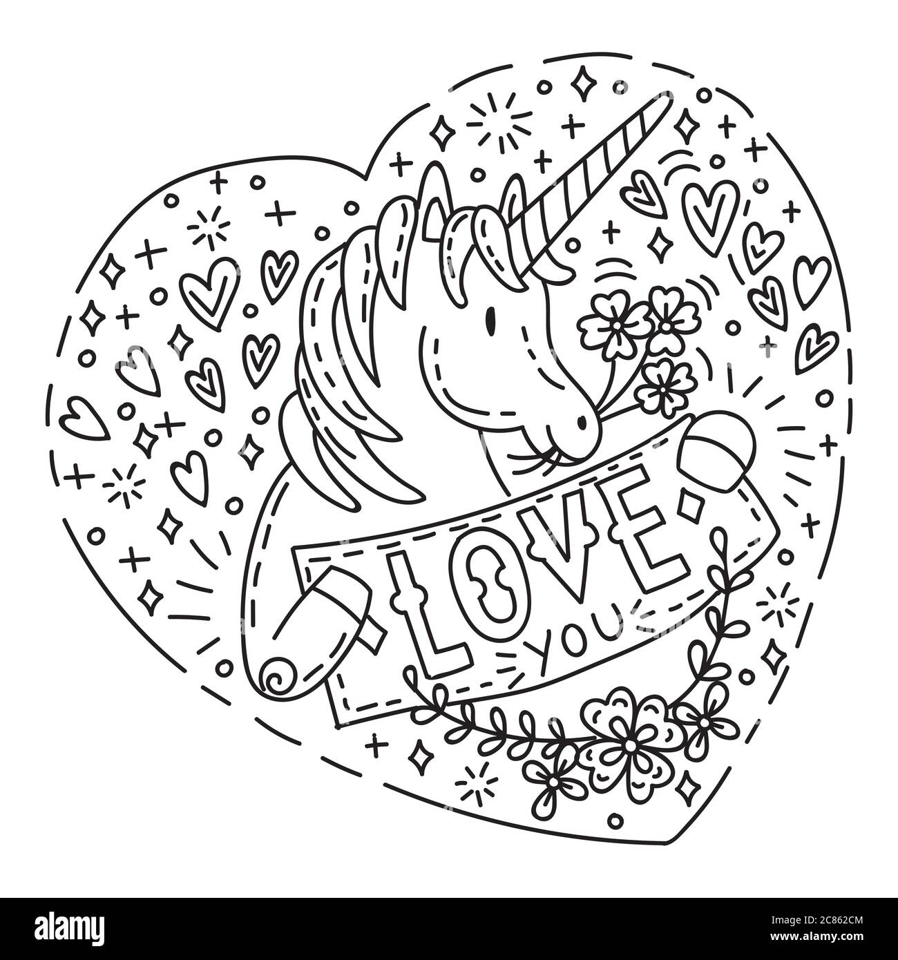 Funny unicorn with heart love you in doodle style. St Valentines day ...