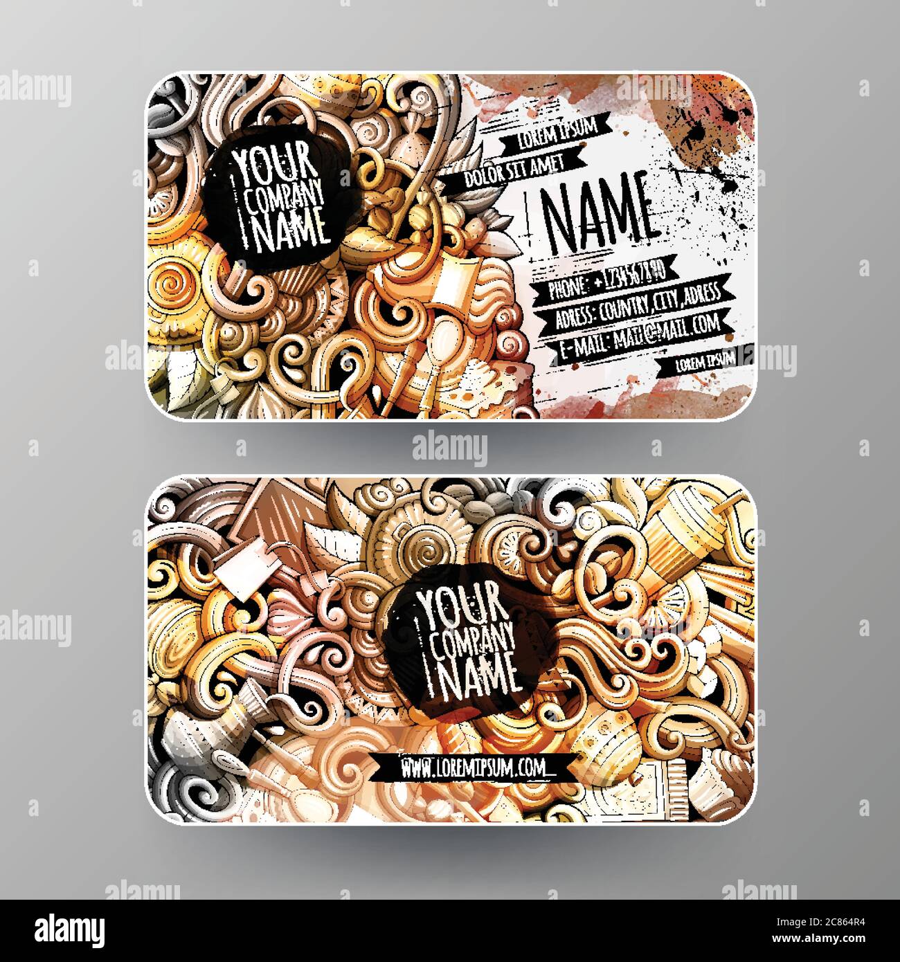 Cartoon graphics watercolor vector hand drawn doodles Cafe id cards ...