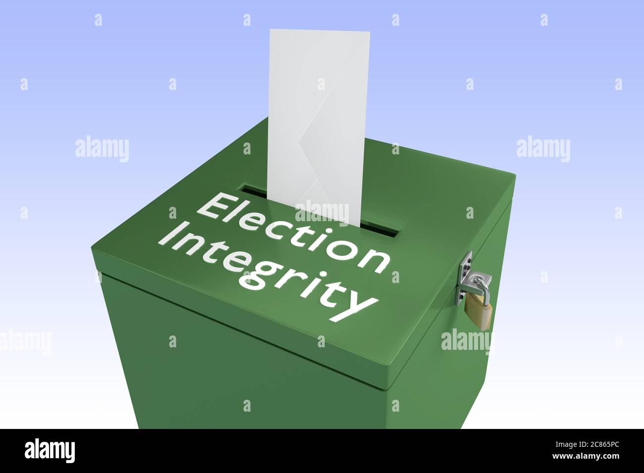 3D illustration of Election Integrity title on ballot box, isolated ...