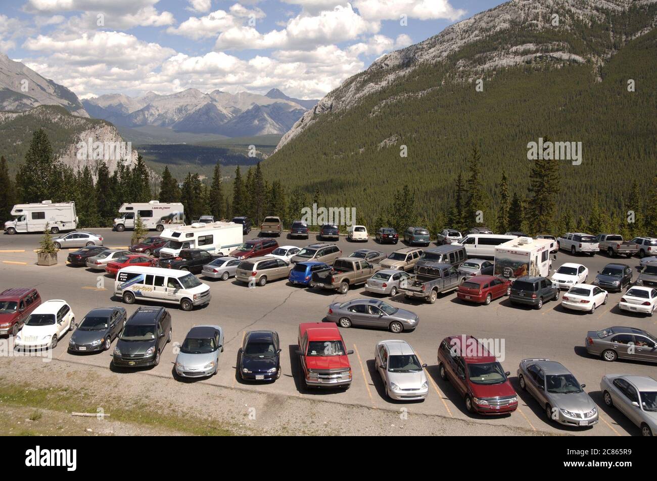 Banff National Park, Alberta, Canada August, 2005: Crowded parking lot ...