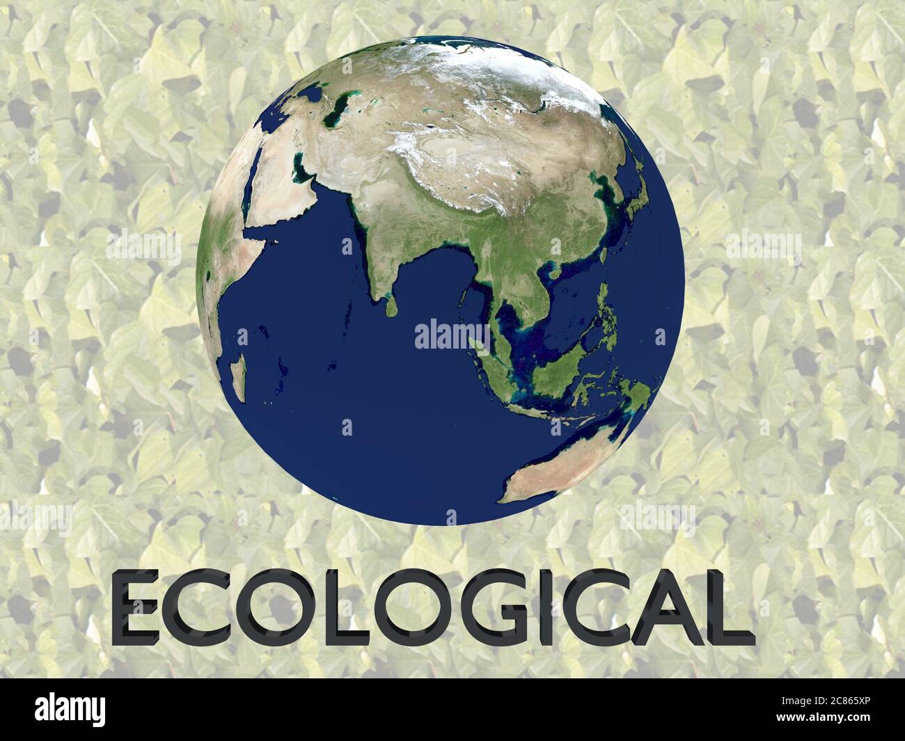 3D illustration of ECOLOGICAL script , under a 3D model of the world ...